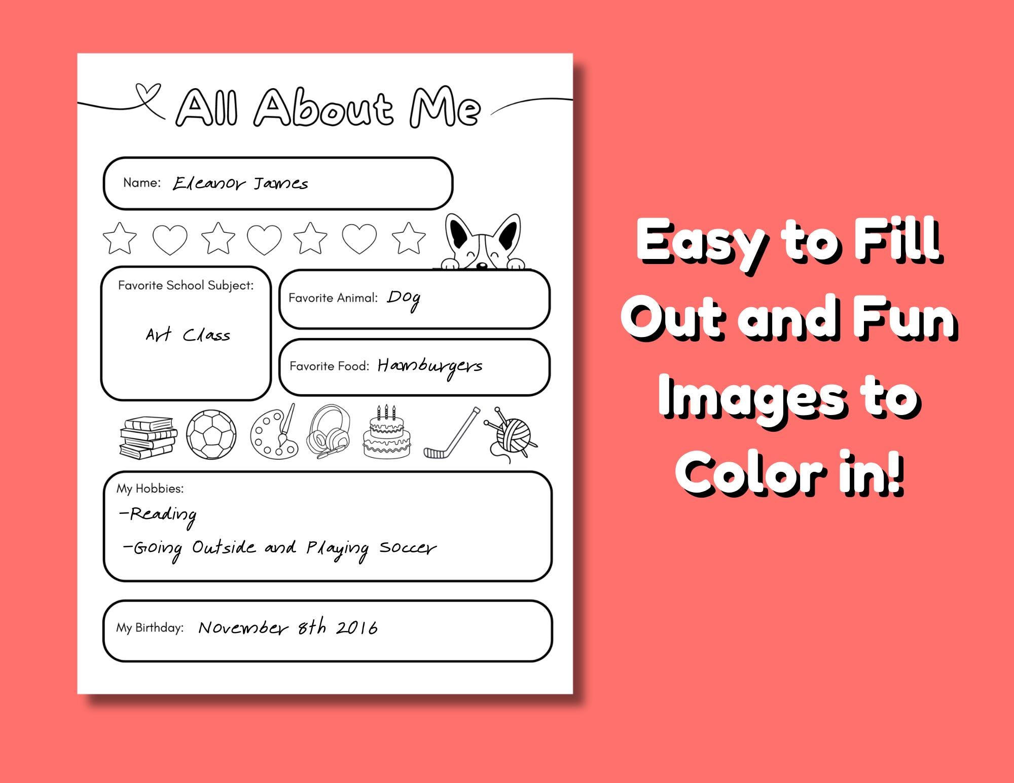 First Day of School Worksheet All About Me - Instant Download, Back to ...