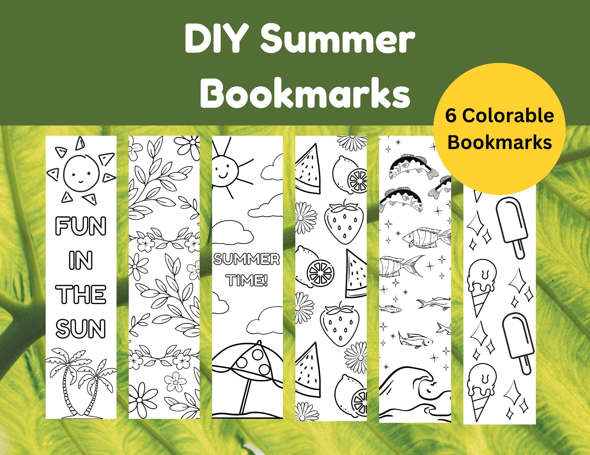 Colorable Summer Bookmarks Set - Printable Digital Downloads (2 X 8 ...