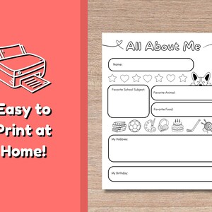 First Day of School Worksheet All About Me - Instant Download, Back to ...