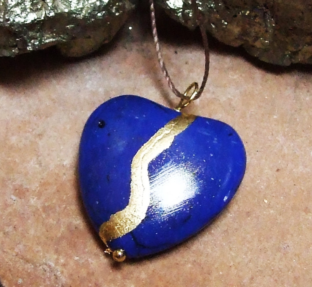 Kintsugi Broken Heart Large Lapis-blue Howlite Pendant Mended With Gold ...