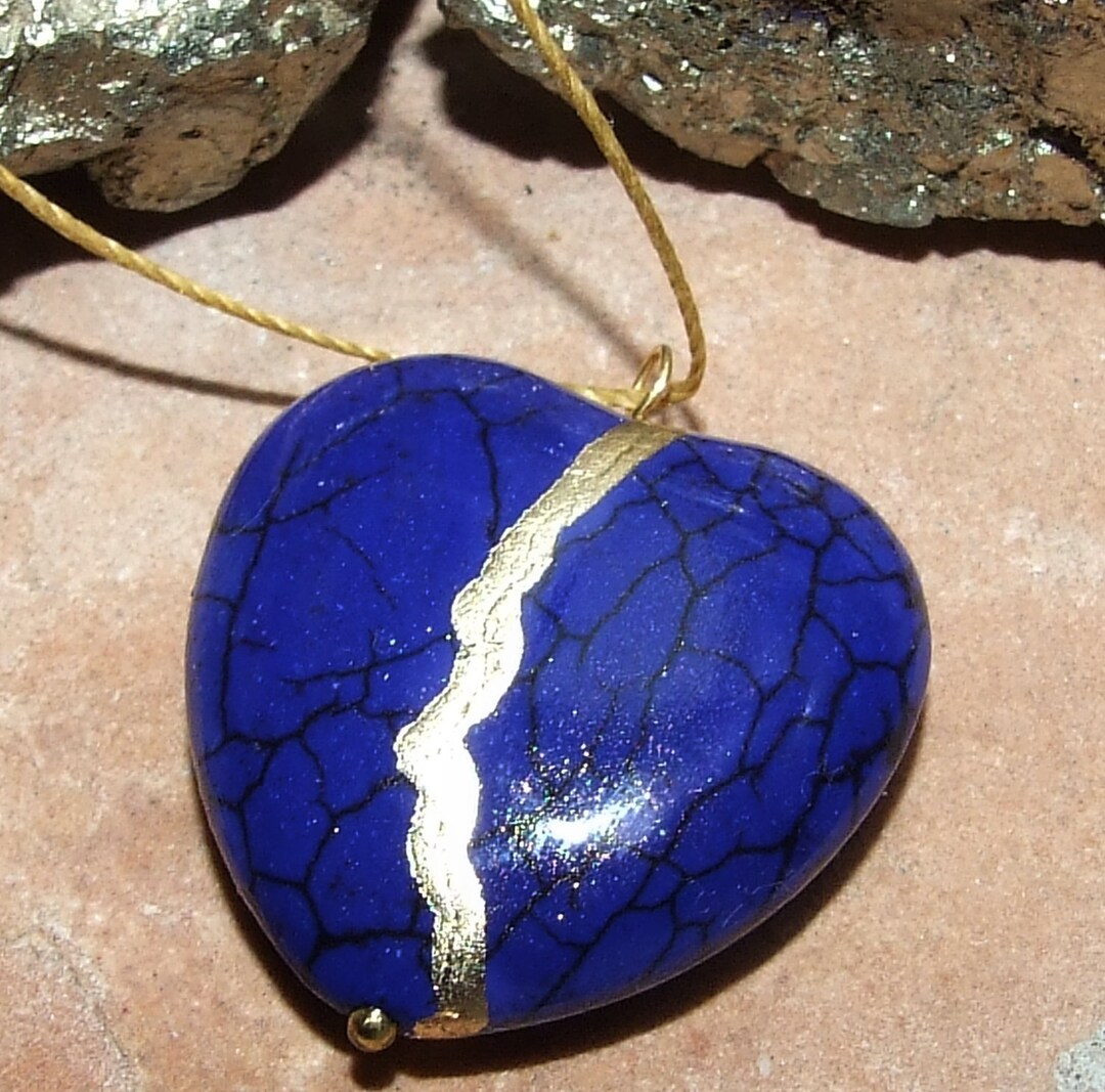 Kintsugi Broken Heart Very Large Lapis-blue Howlite Pendant Mended With ...