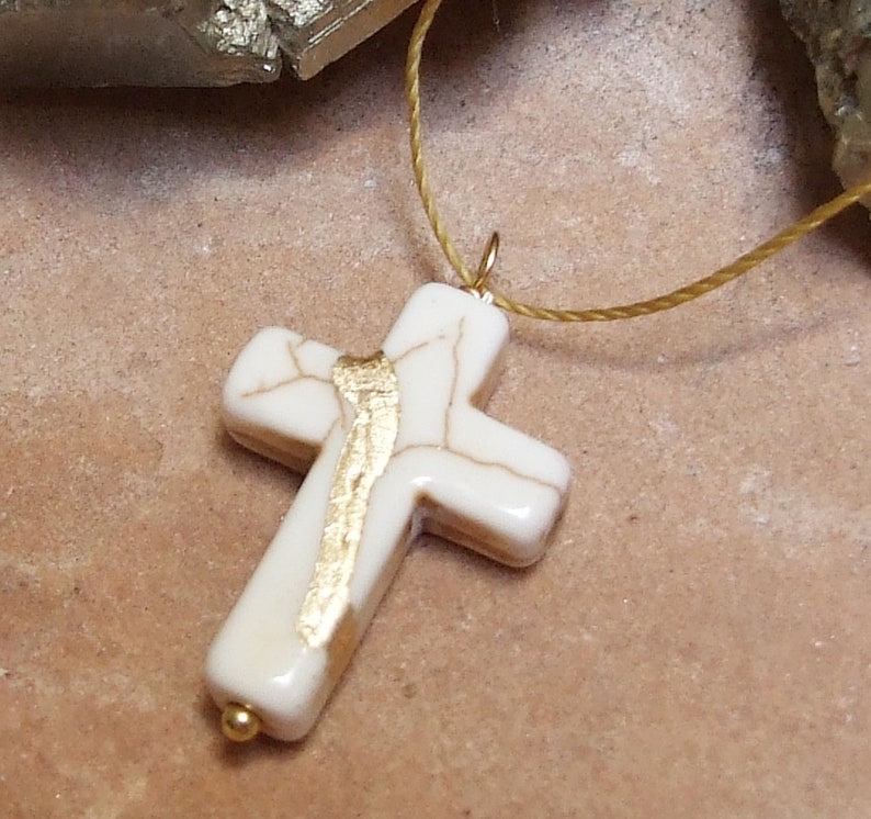 Kintsugi Broken Cross White Howlite 30mm Pendant Mended W/23k | Etsy