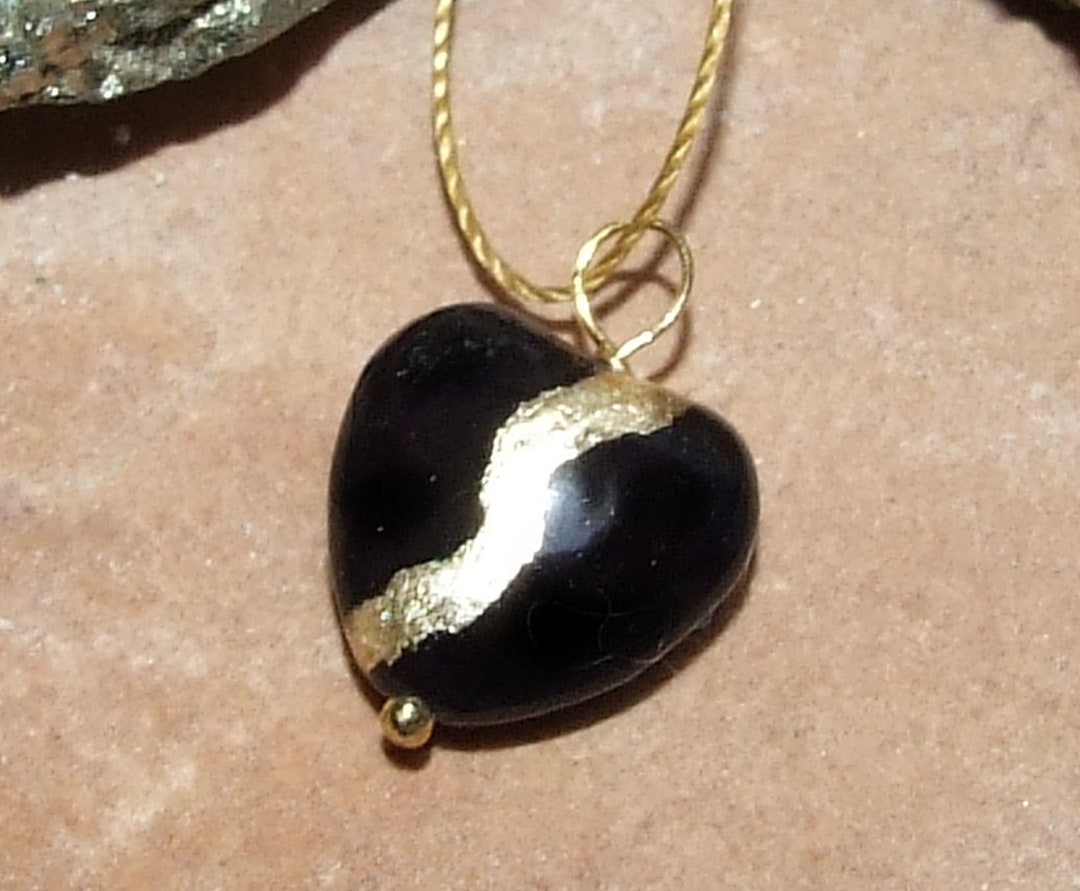 Petite Kintsugi Broken Heart Black Howlite Pendant Mended With Gold ...