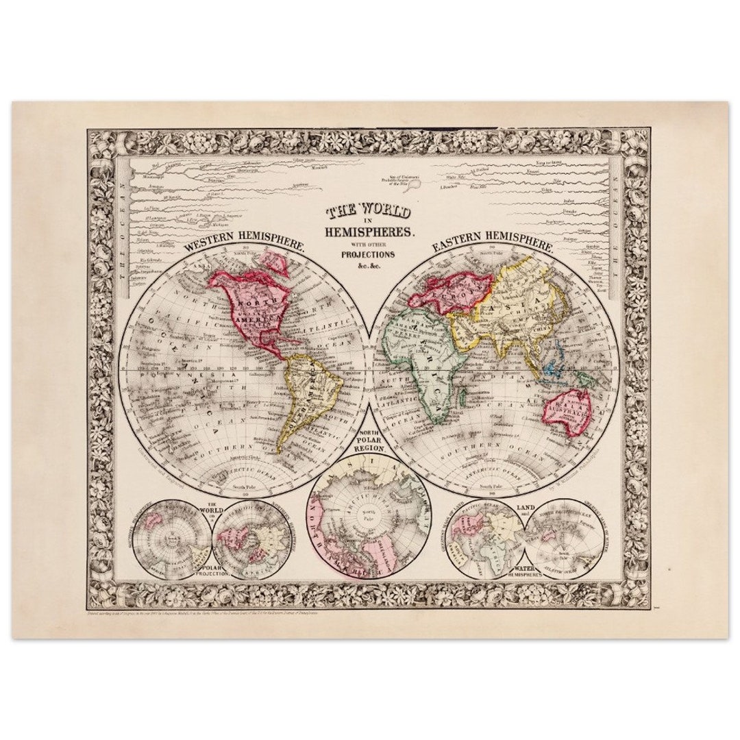 1863 Map : the World in Hemispheres - Etsy