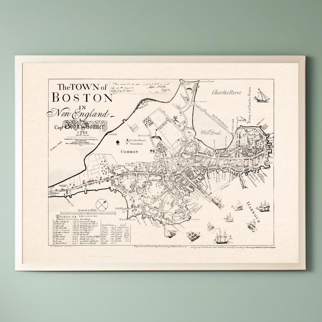 1725 Vintage Map, the Town of Boston in New England - Etsy
