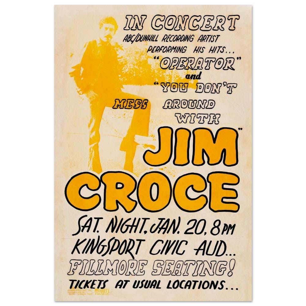1973- Jim Croce Concert Poster, Kingsport, Tennessee (unframed) - Etsy UK