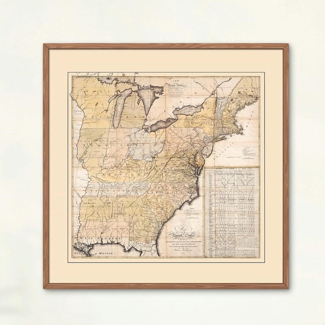 1796 - Map of United States With Post Roads & Distances - Etsy