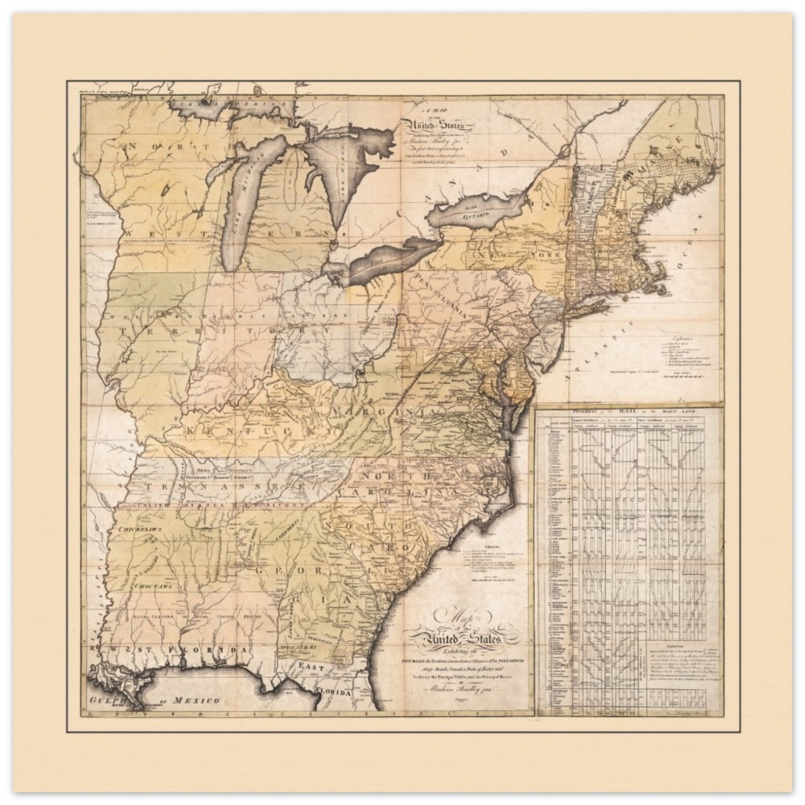 1796 - Map of United States With Post Roads & Distances - Etsy
