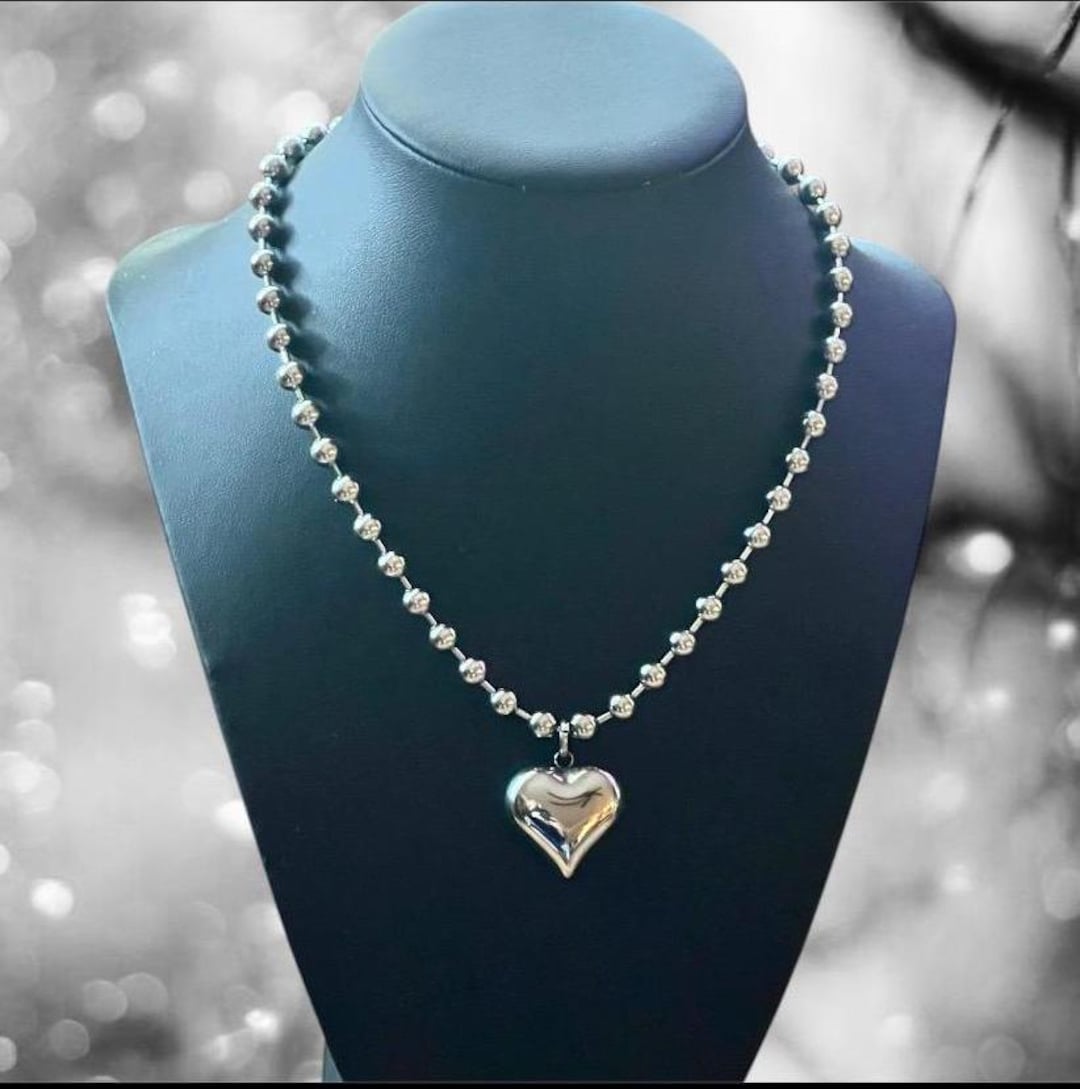 Puffed Heart Ball Chain Necklace - 3D Heart Necklace- Stainless Steel ...
