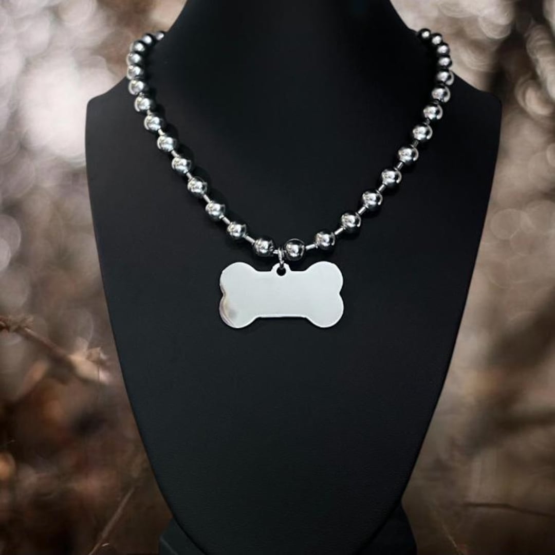 Dog Bone Necklace - 8mm Ball Bead Dog Bone Choker - Stainless Steel Dog ...