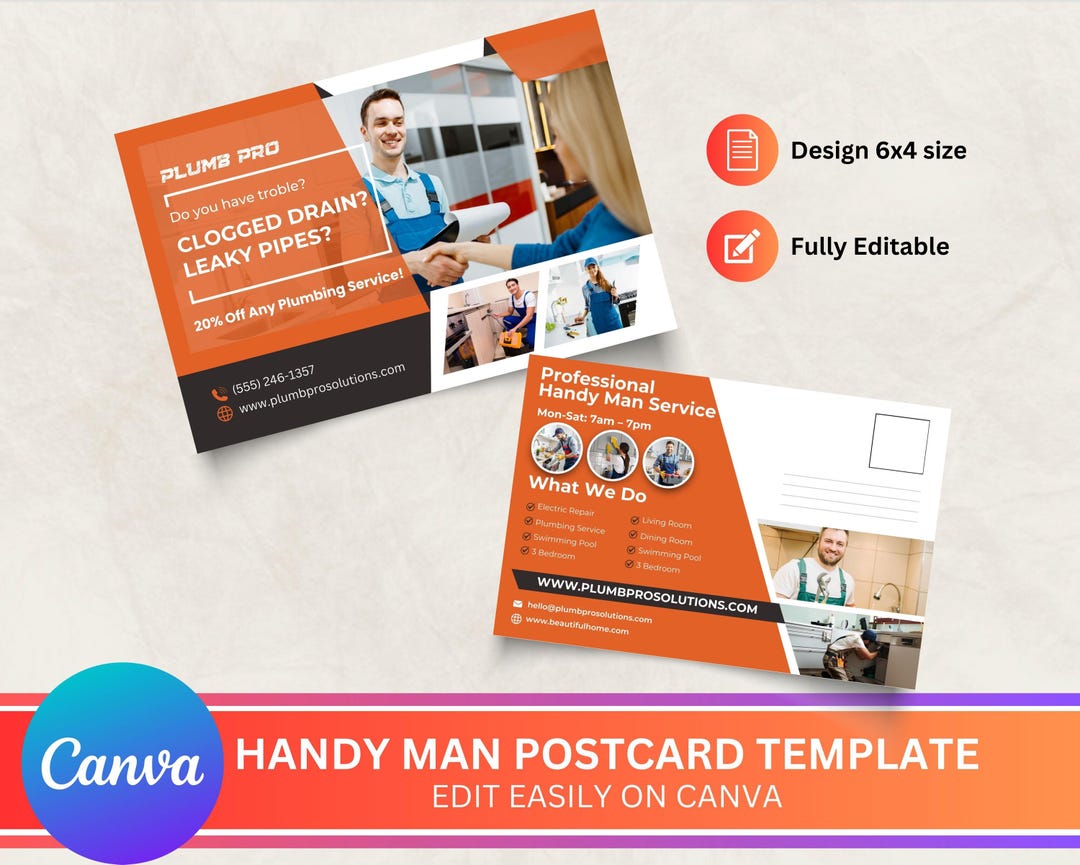 Handyman Postcard, Handyman Template Editable, DIY Canva Postcard ...