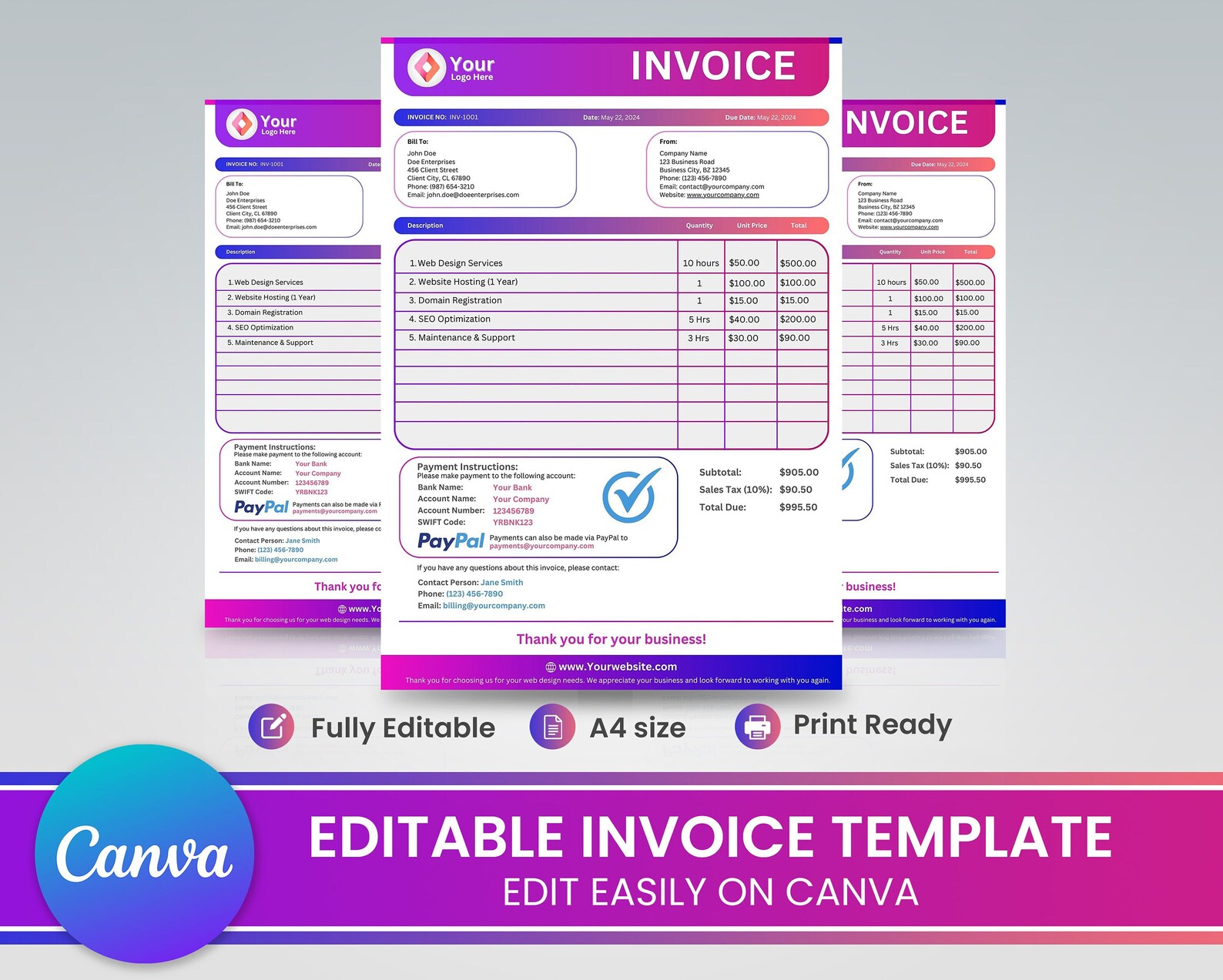 Invoice Template Editable, DIY Canva Invoice Template, Printable Small ...
