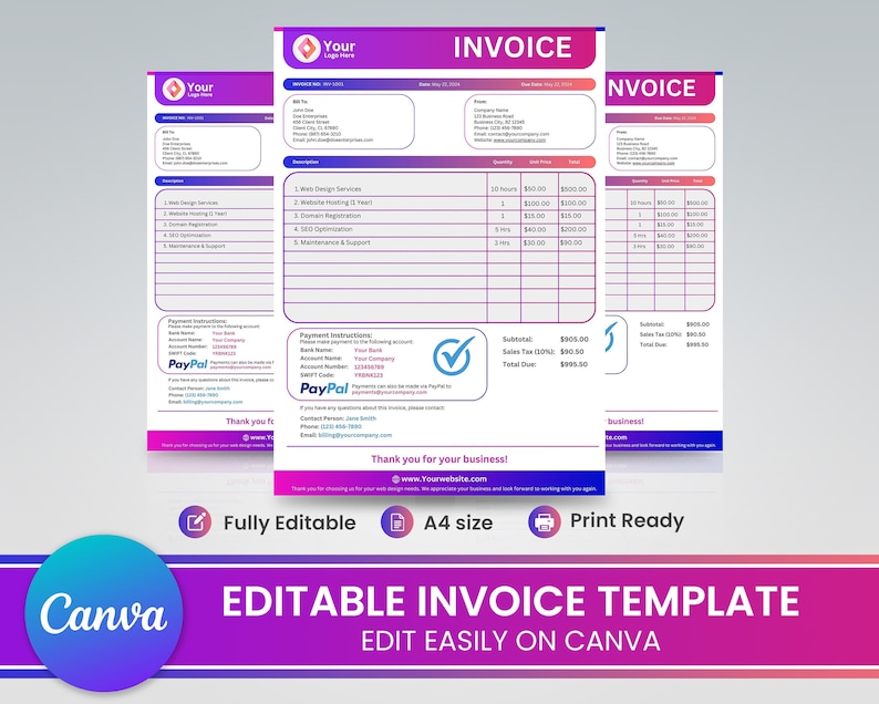 Invoice Template Editable, DIY Canva Invoice Template, Printable Small ...