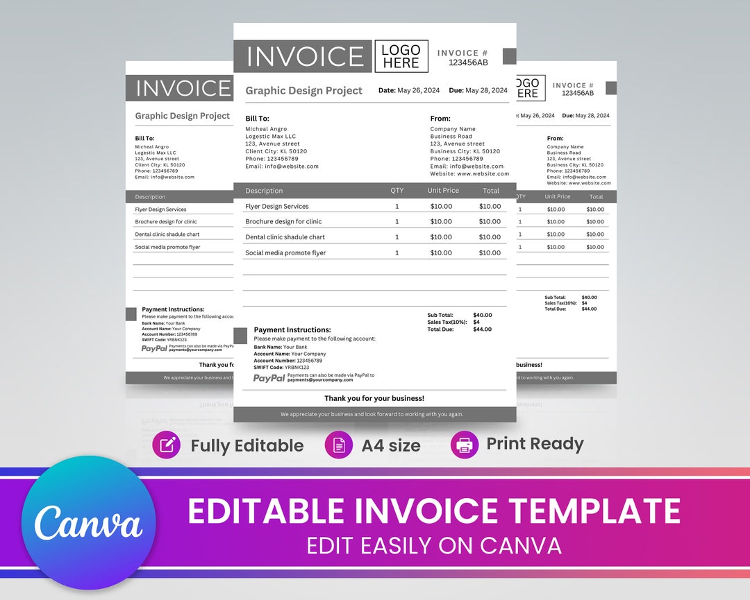 Invoice Minimal Editable, DIY Canva Invoice Template, Printable Small ...