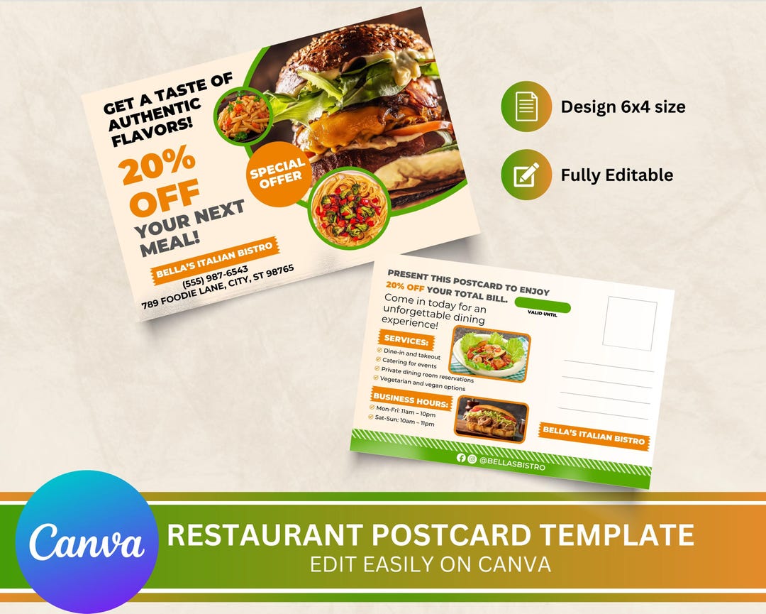 Restaurant Postcard, Restaurant Template Editable, DIY Canva Postcard ...