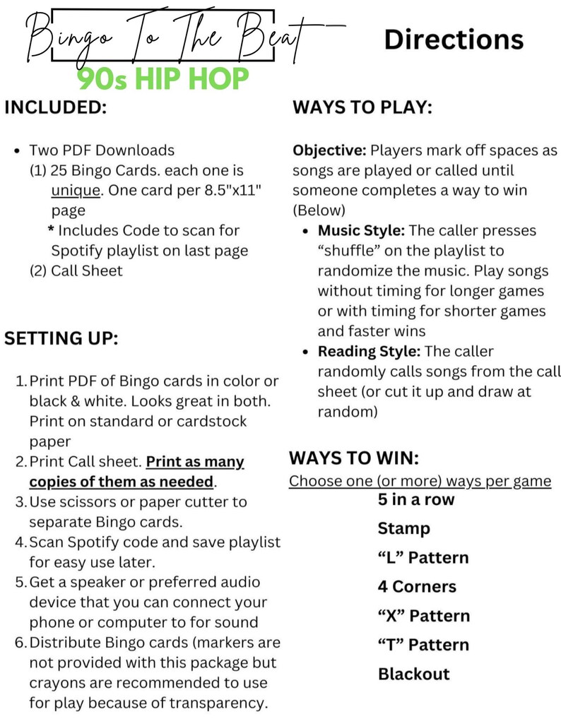 90s Hip Hop Bingo to the Beat - 25 Cards + Spotify Playlist - Etsy