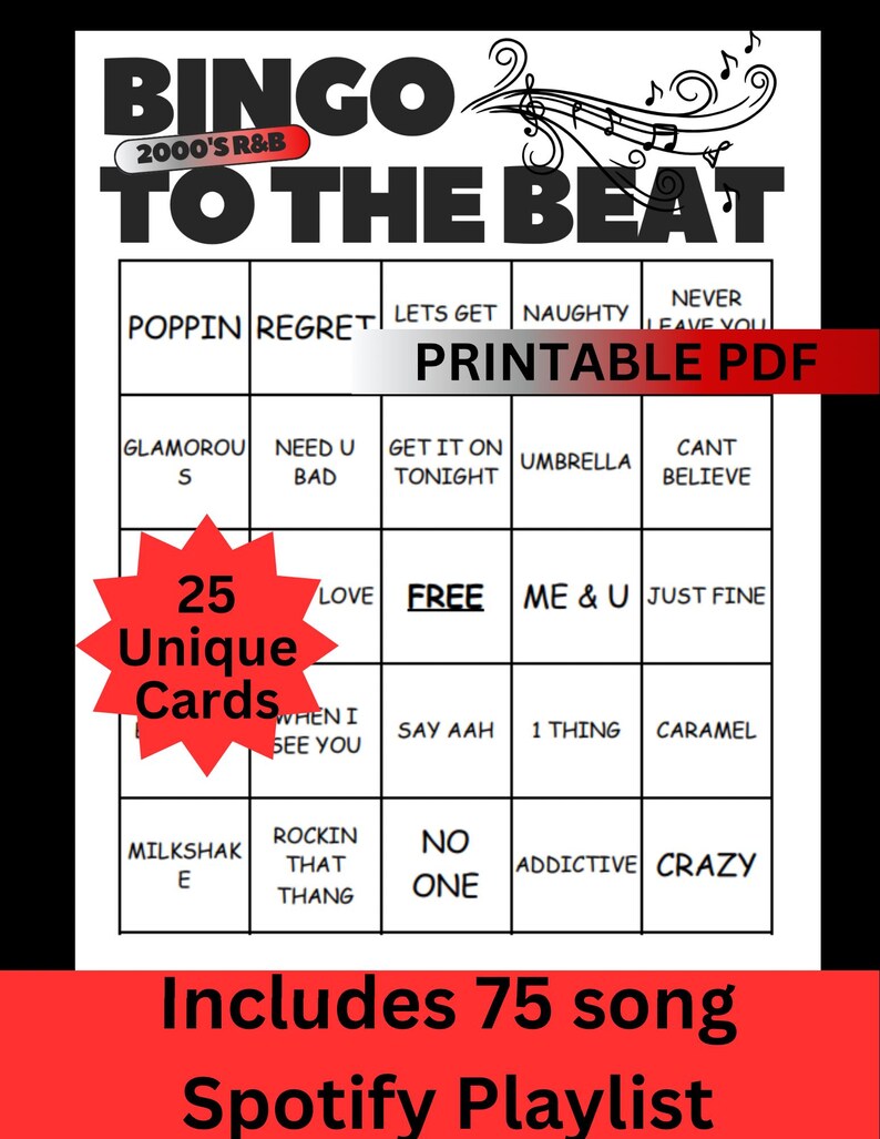 2000s R&B Bingo to the Beat - 25 Cards + Spotify Playlist - Etsy