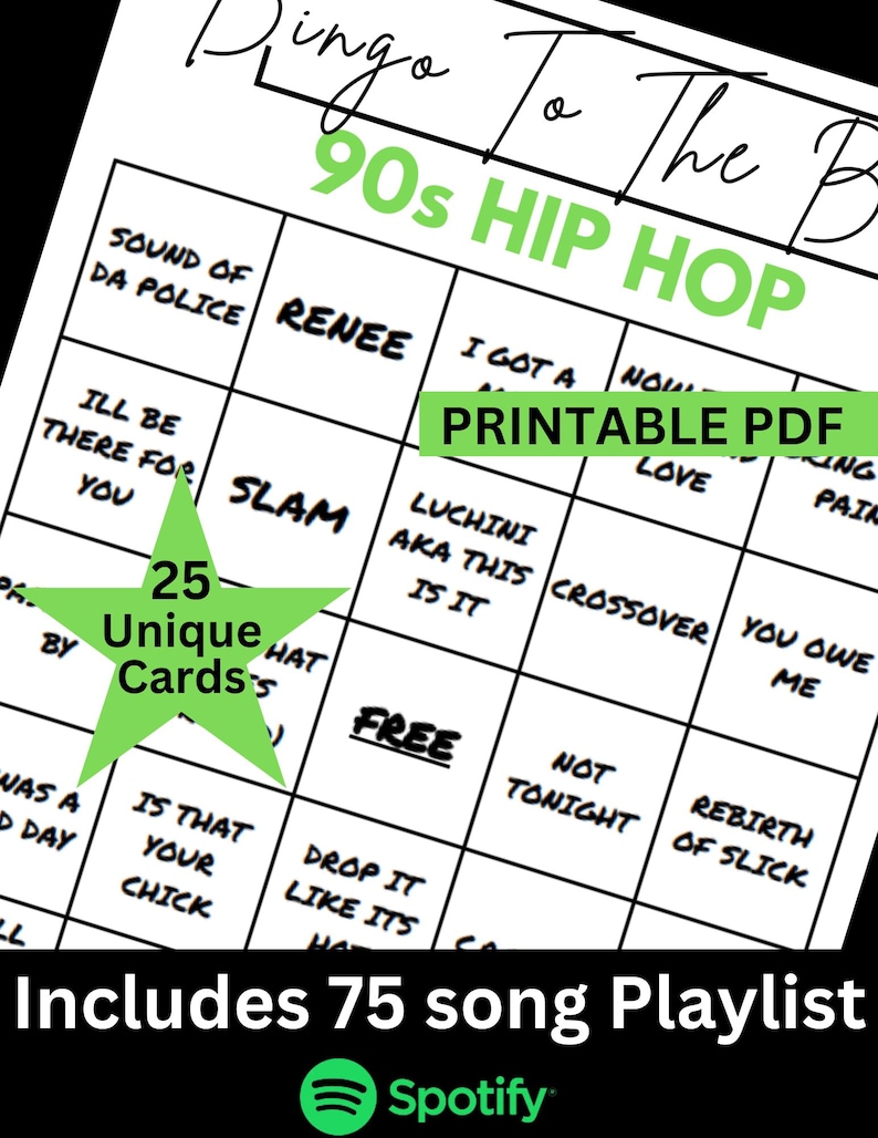 90s Hip Hop Bingo to the Beat - 25 Cards + Spotify Playlist - Etsy