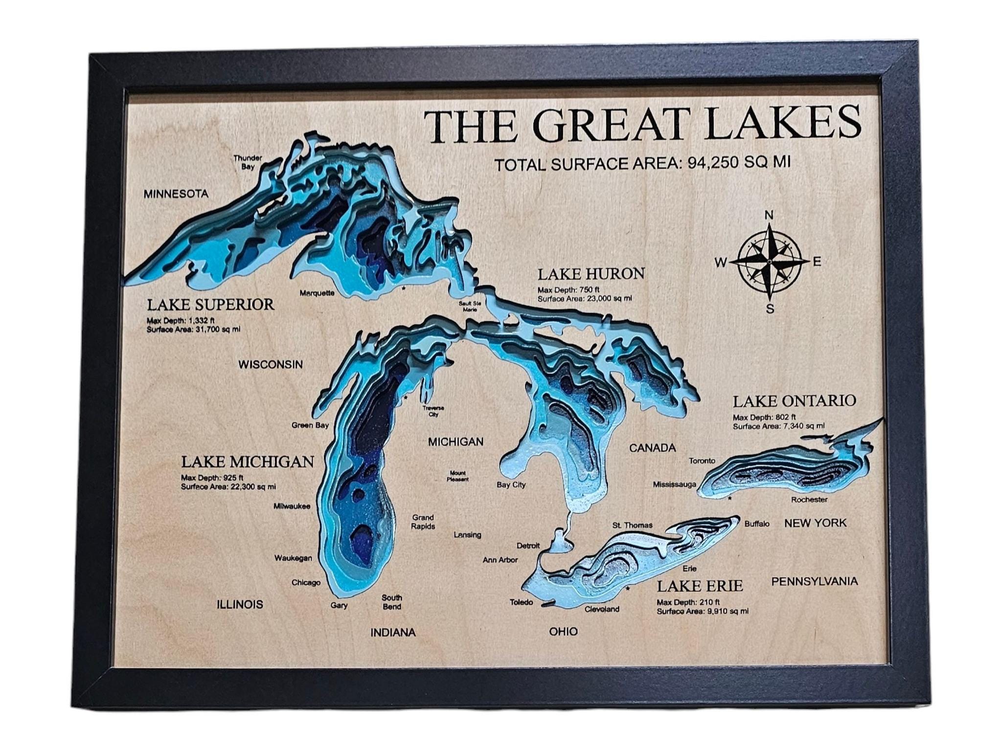 Great Lakes Map (multi-layer), Custom Lake Map, 3D Lake Map, Lake Decor ...