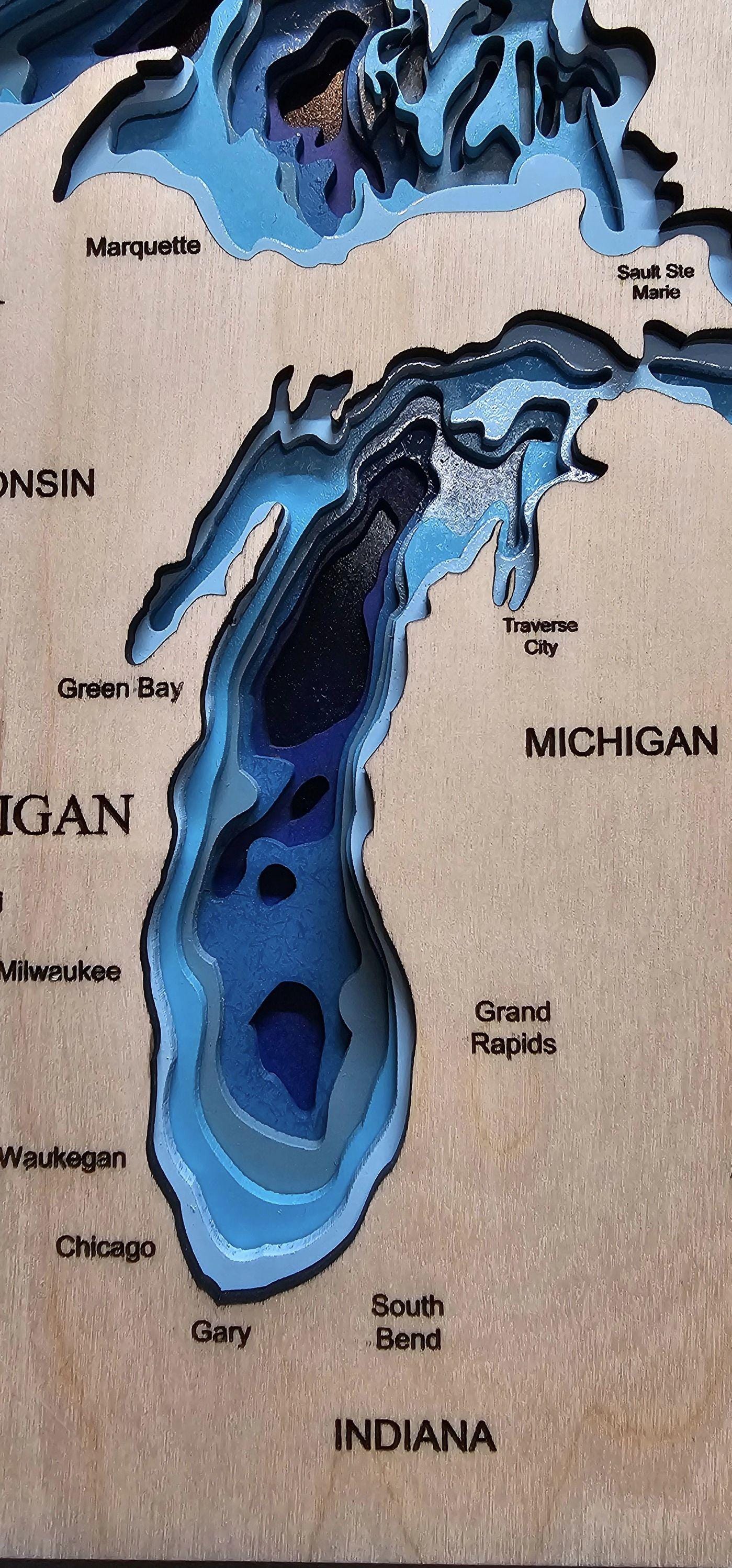 Great Lakes Map (multi-layer), Custom Lake Map, 3D Lake Map, Lake Decor ...
