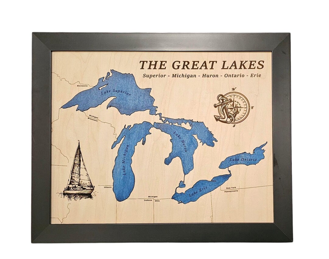Great Lakes Map (single-layer), Custom Lake Map, 2D Lake Map, Lake ...