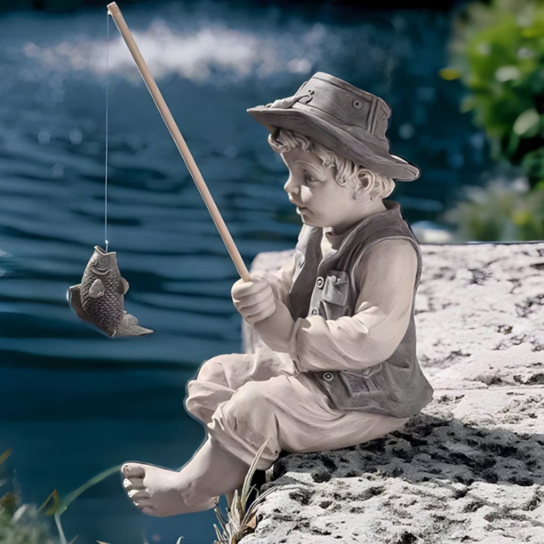 Gone Fishing Boy Garden Statue Outdoor Yard & Lawn Decor Porch, Home ...