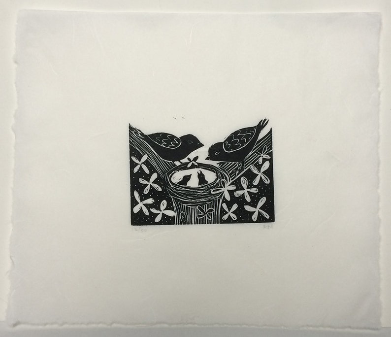 Birds in Nest, Linoleum Block Print by Ruchika Madan - Etsy