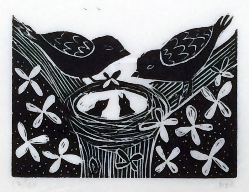 Birds in Nest Linoleum Block Print by Ruchika Madan - Etsy