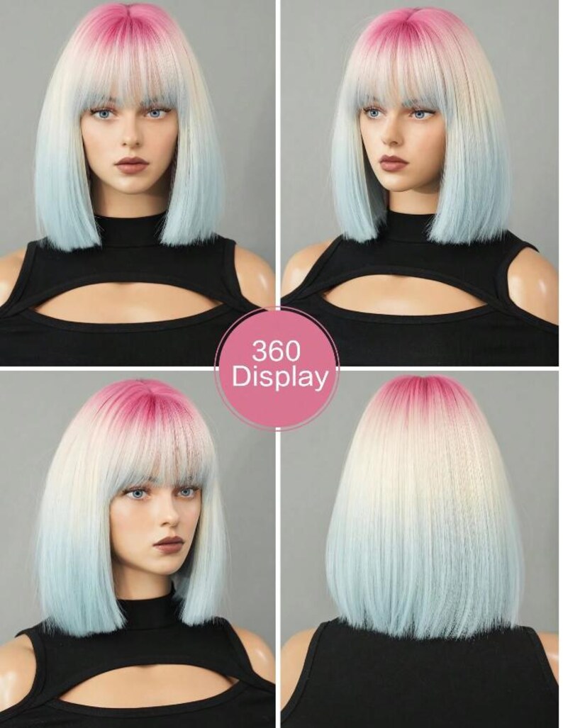 Ombre Blue Wig With Bangs Pink Roots Natural Short Straight Bob Wigs ...