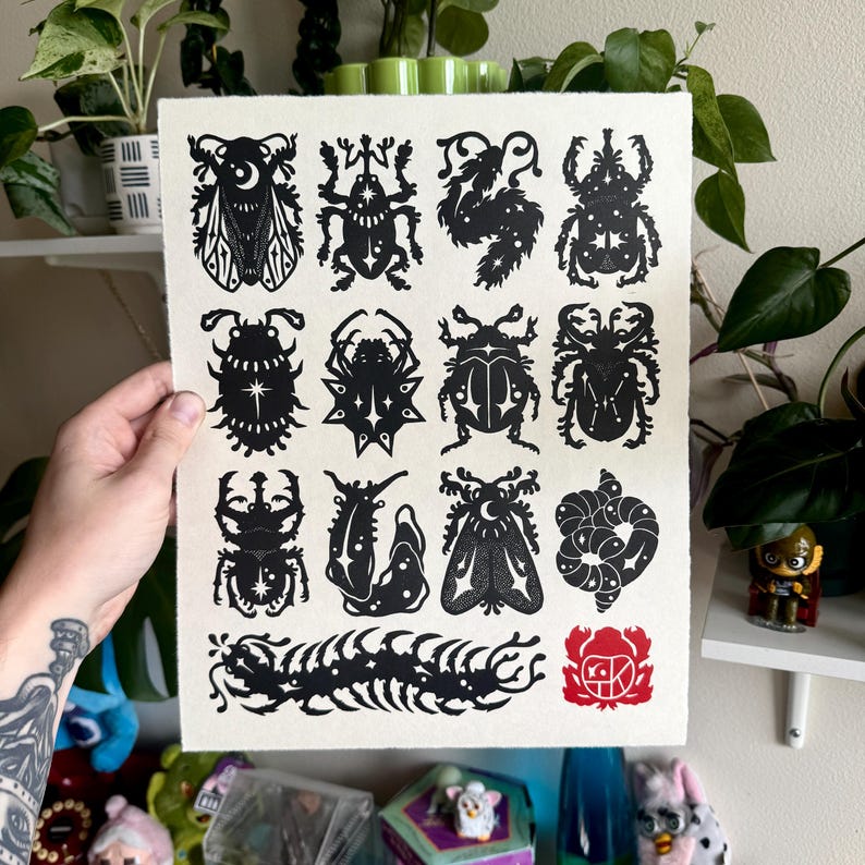 Cosmic Bugs Linocut Print in Black, Tattoo Art, Wall Art, Home Decor ...