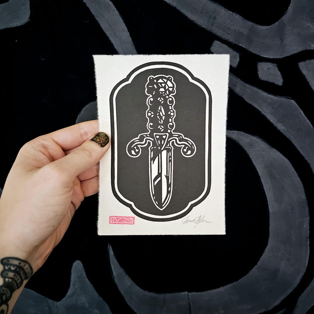 Mistress of the Dark Dagger Linocut Print in Black, Horror, Goth Art, Dagger, Wall Art, Home ...