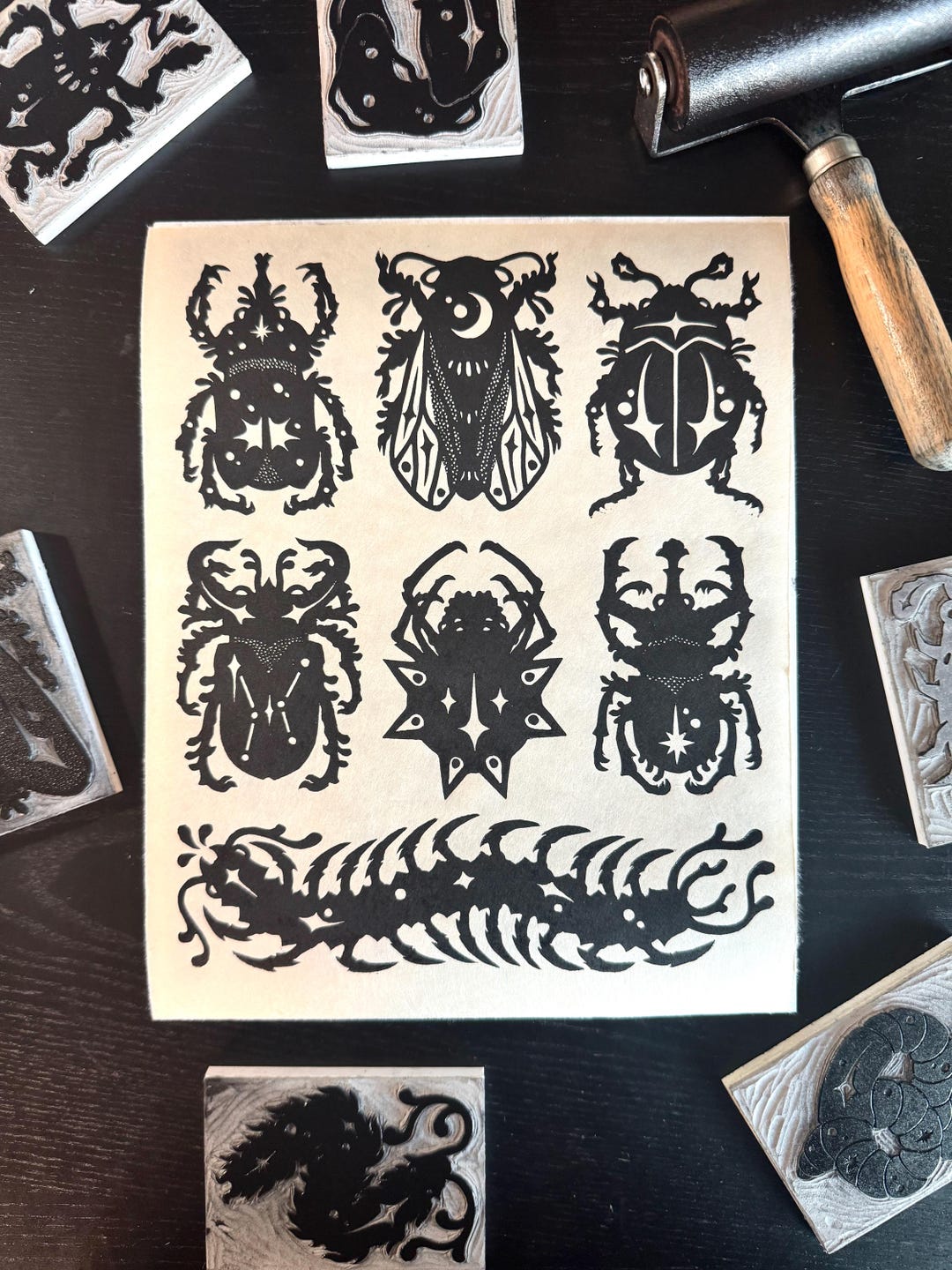 Cosmic Bugs 8x10 Linocut Print in Black, Tattoo Art, Wall Art, Home ...