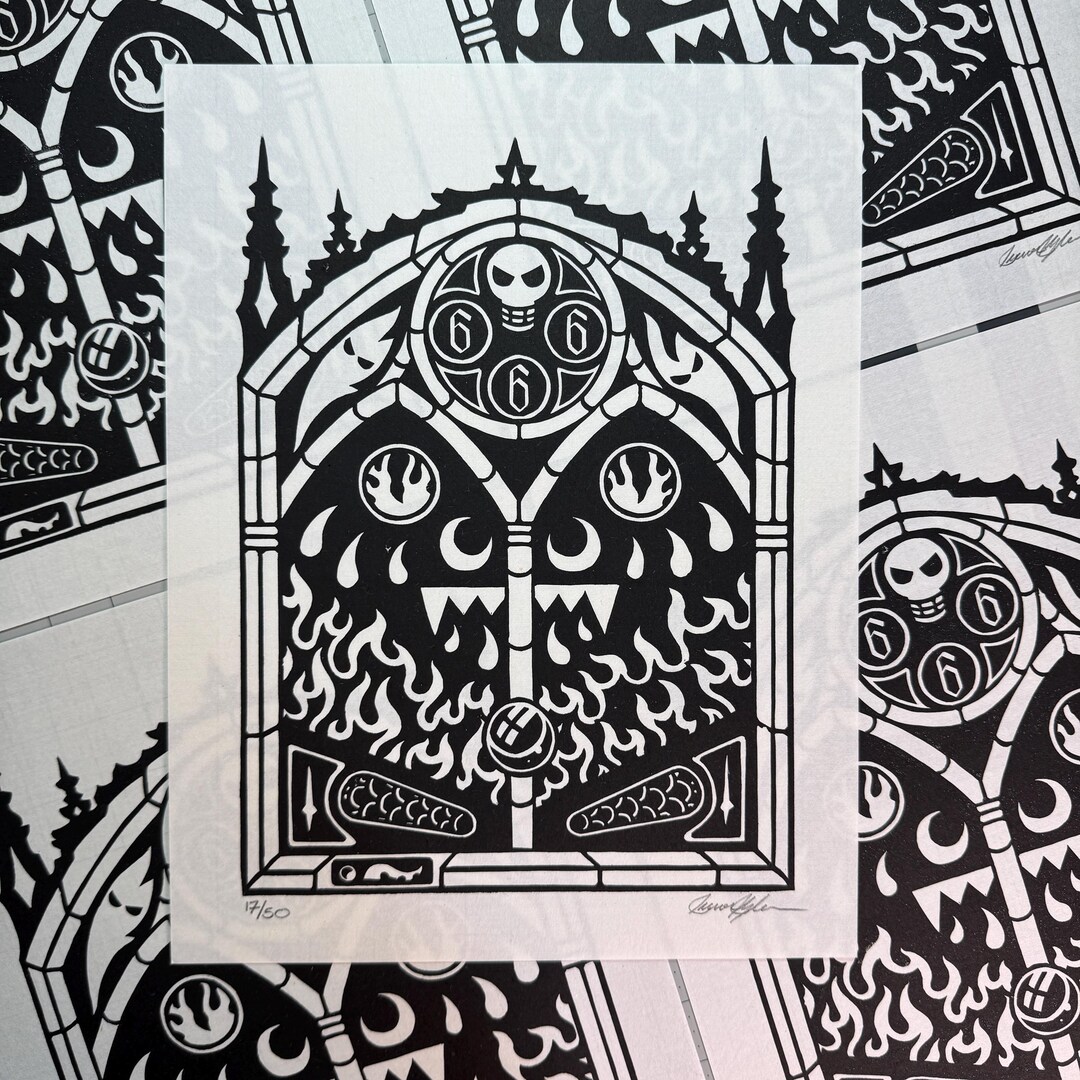Church of Pinball Linocut Print in Black, Pinball, Arcade Art, Gothic ...
