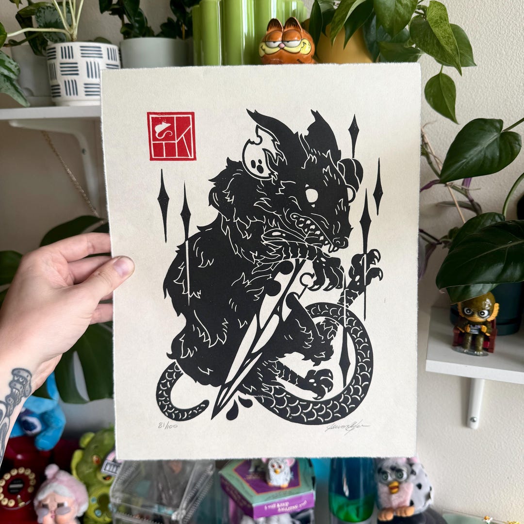 Cosmic Battle Rat Linocut Print: Medieval Sword Art - Etsy