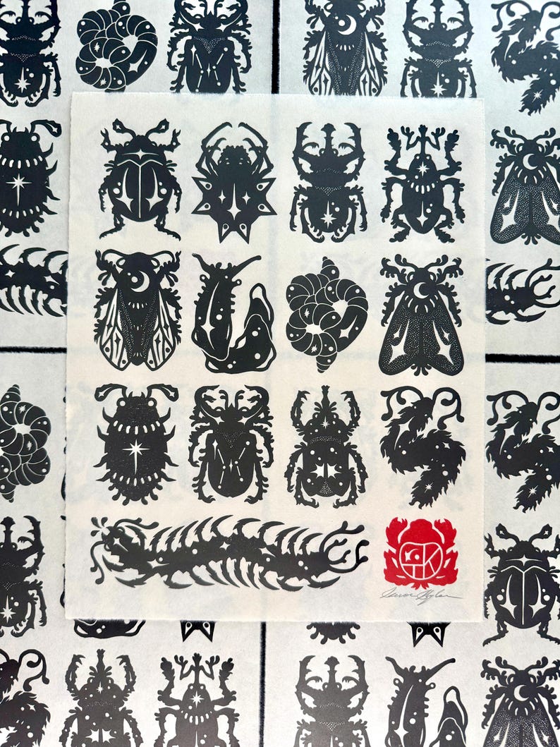 Cosmic Bugs Linocut Print in Black, Tattoo Art, Wall Art, Home Decor ...
