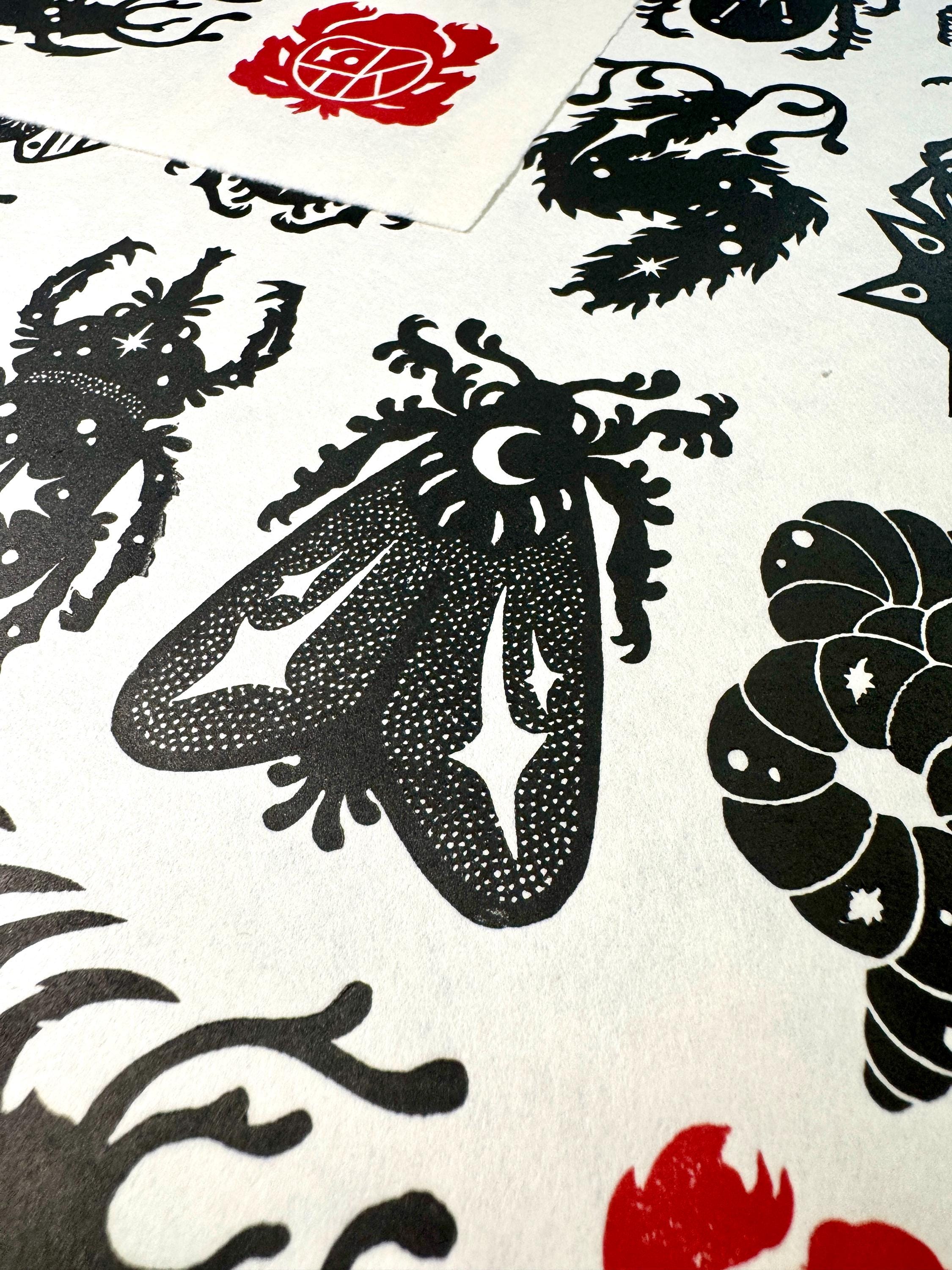 Cosmic Bugs Linocut Print in Black, Tattoo Art, Wall Art, Home Decor ...
