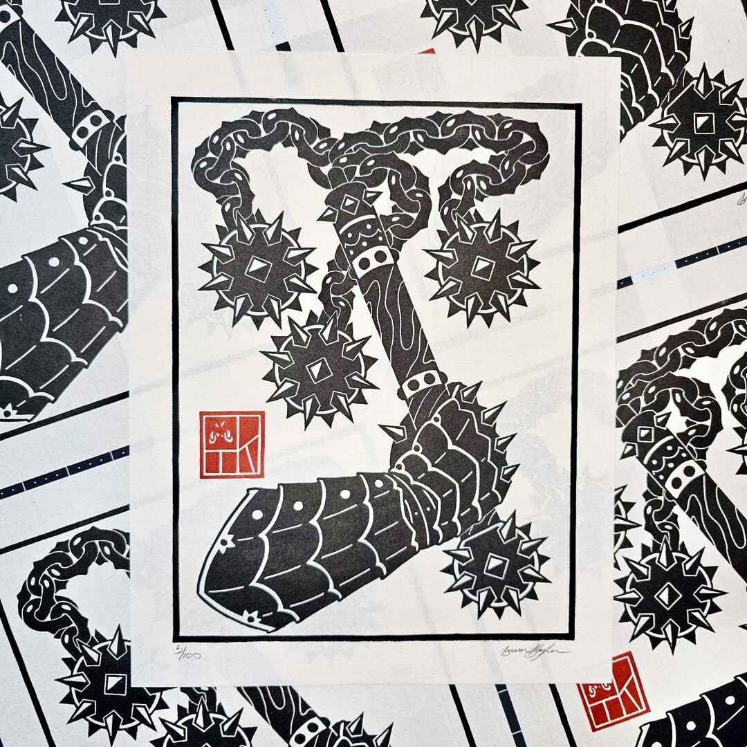 Khalim's Flail Linocut Print in Black, Flail Art, Medieval Art, Armor ...