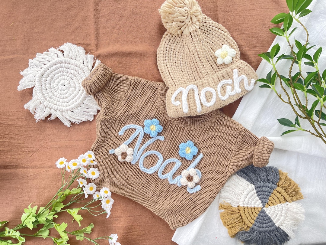 Monogrammed Knit Baby Sweater and Hat Set: Embroidered Winter Outfit - Etsy