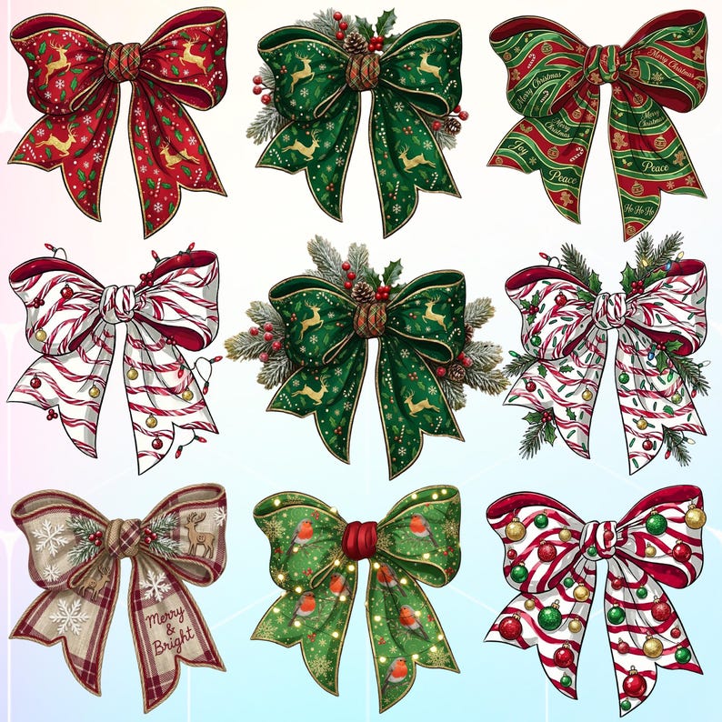 Christmas Bow Clipart PNG, Holiday Ribbon Bundle, Red Green Xmas Bows ...