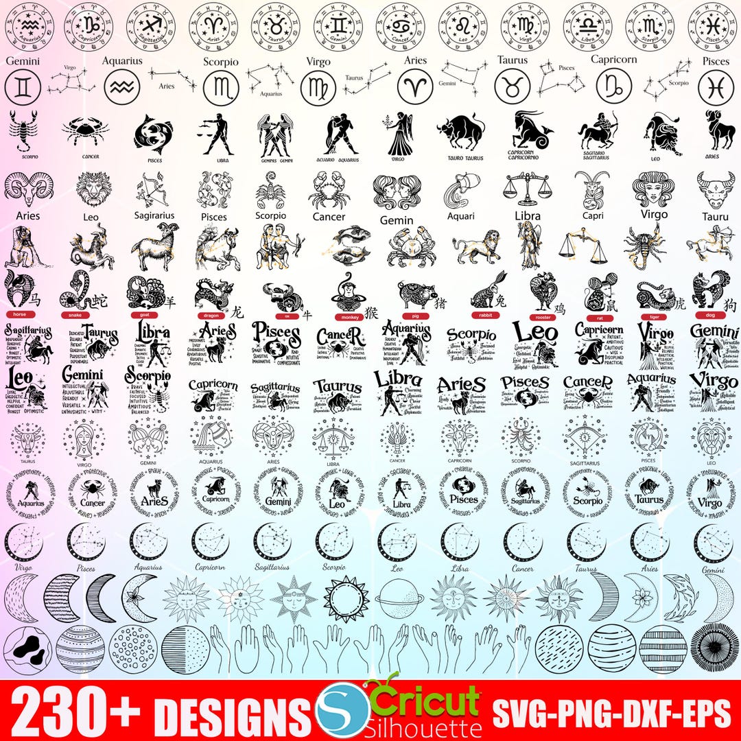 Zodiac Sign SVG Bundle: Celestial Astrology Clipart (230+ Files) - Etsy