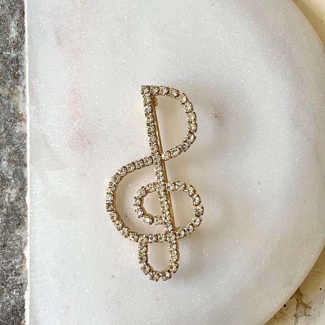 Vintage Rhinestone Treble Clef Music Brooch Gift for Music Lover or ...