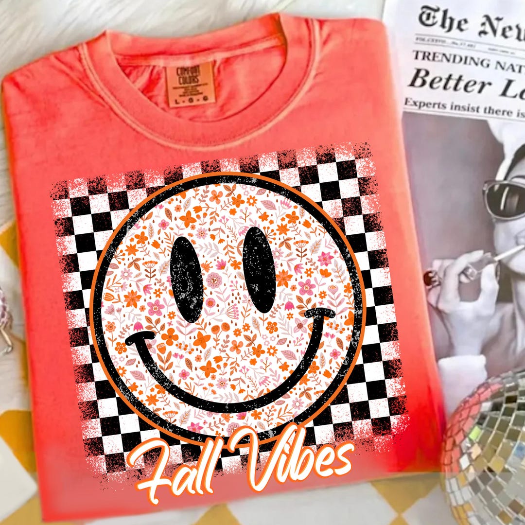 Retro Fall Vibes Smiley Ditsy Floral Checkered Png, Fall Png, Fall ...