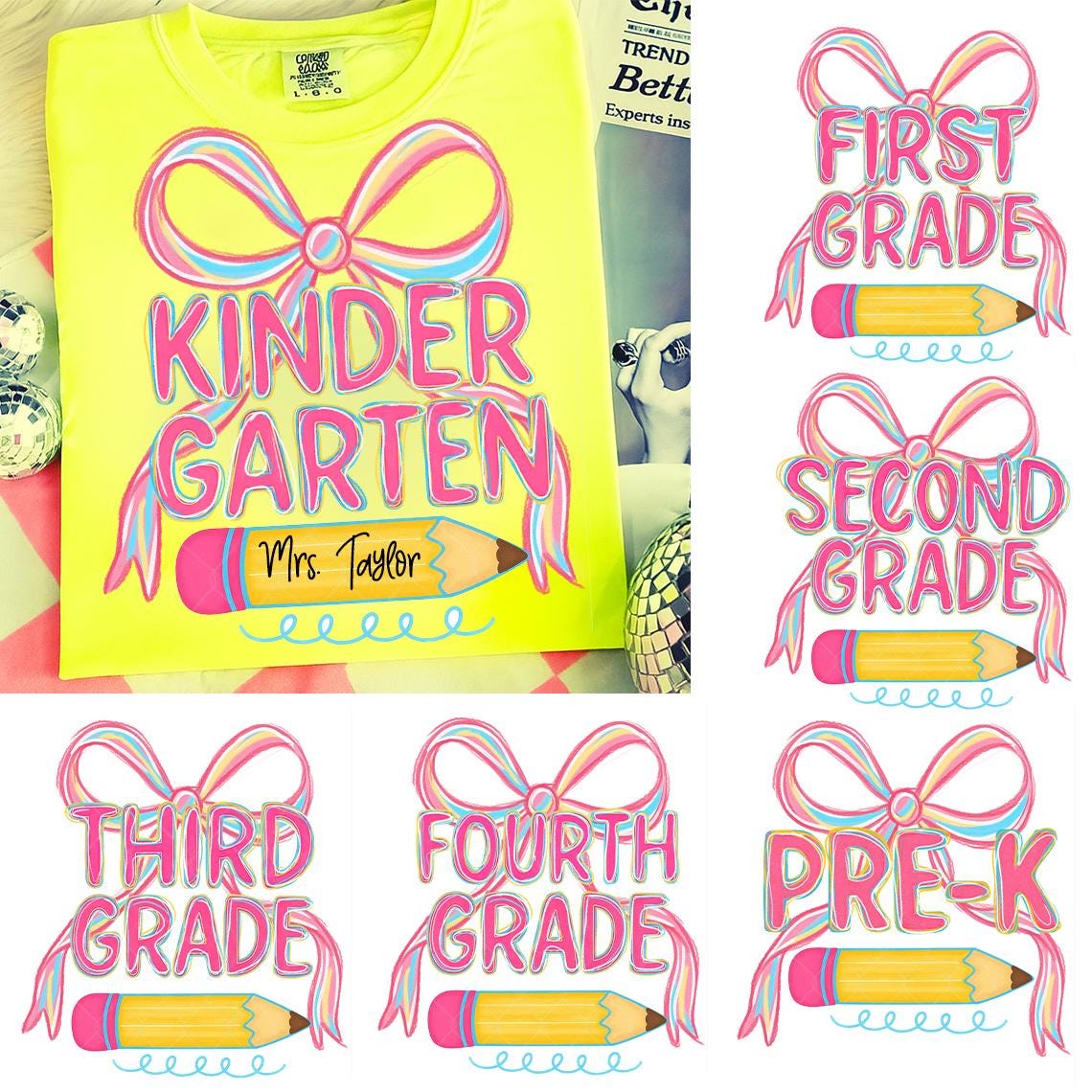 Preppy Back to School PNG Bundle, Coquette Pink Bow First Day of School ...