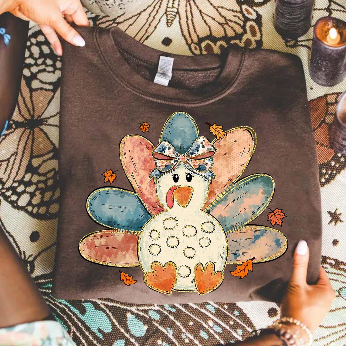 Denim Blue Thankful Turkey Png, Turkey Patchwork, Give Thanks Png ...