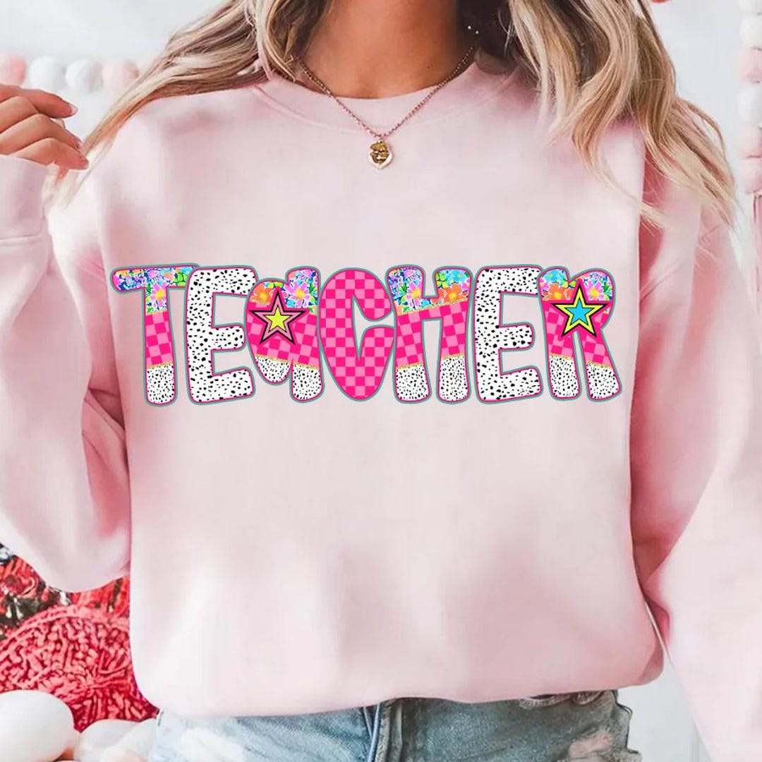 Pink Teacher Sublimation Png, Checkered, Teacher Floral, Dalmatian Dots ...