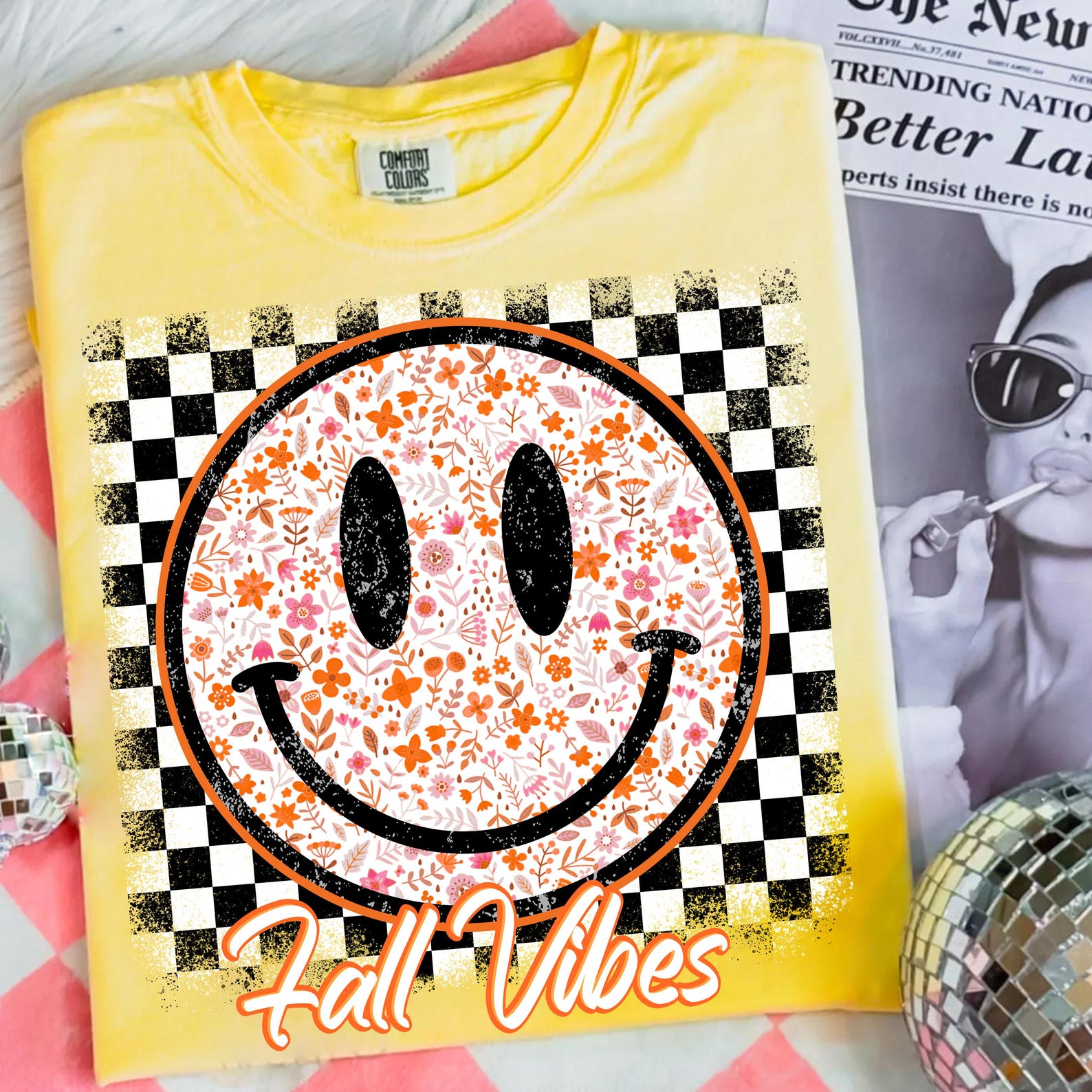 Retro Fall Vibes Smiley Ditsy Floral Checkered Png, Fall Png, Fall ...