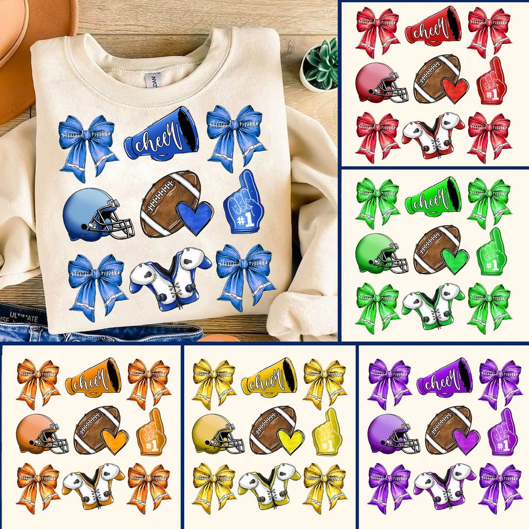 Colorful Football Design Bundle Png, Cheer Football Coquette Bows Png ...