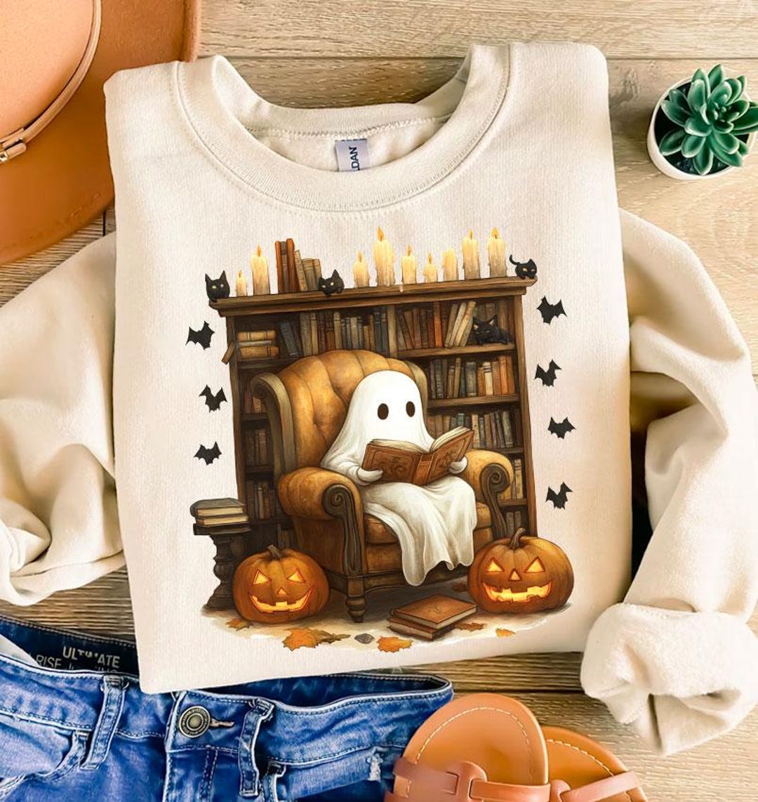 Ghost Reading Book Png, Halloween Bookshelf Png, Ghostly Bookish Png ...
