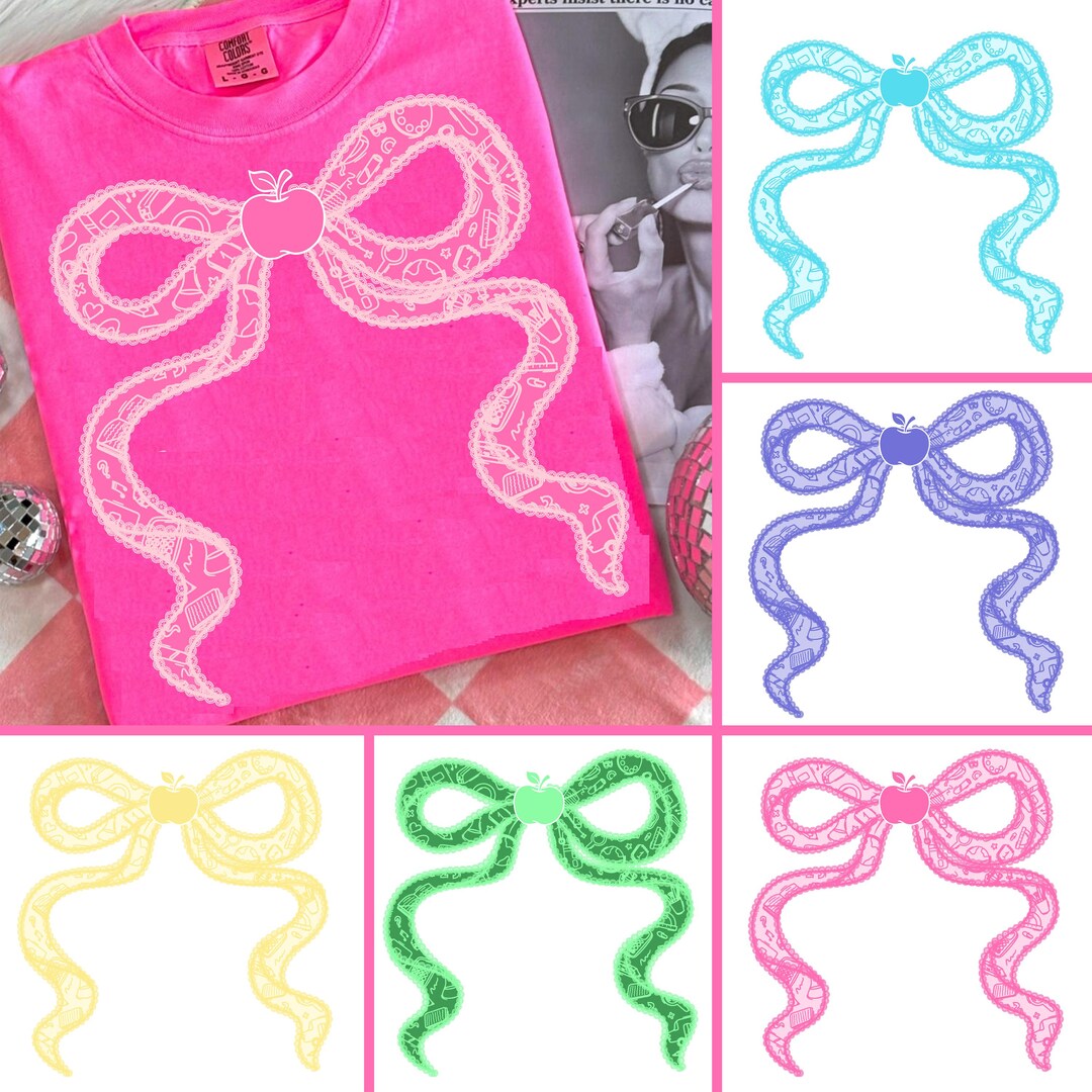 Neon Coquette Teacher Lace Bow Bundle Png, Preppy Back to School Png ...