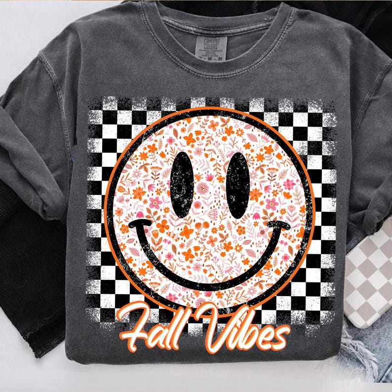 Retro Fall Vibes Smiley Ditsy Floral Checkered Png, Fall Png, Fall ...